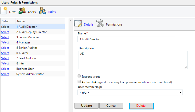 Deleting Roles – Internal Audit MK