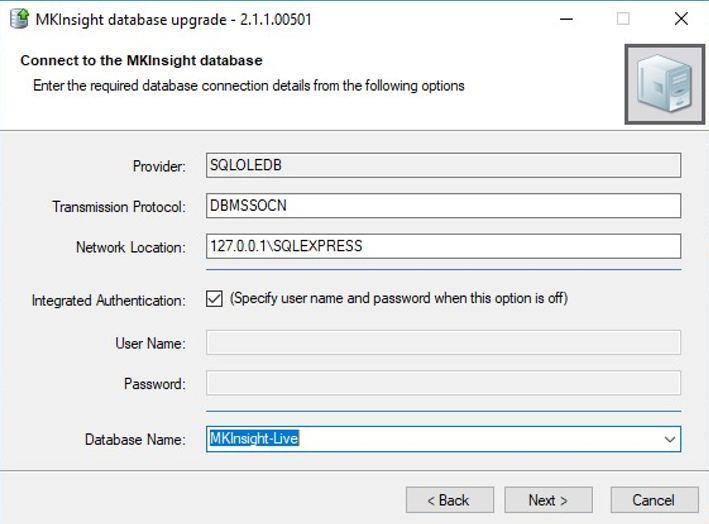 Upgrading and configuring the MKinsight Databases in MS SQL Server - Active Directory ...