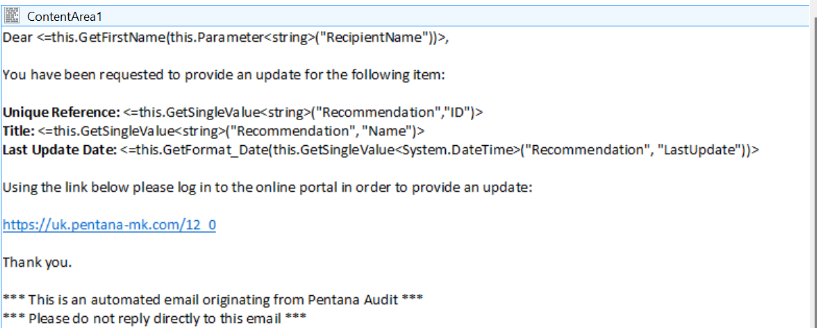 Editing a hyperlink within a notification template – Internal Audit MK